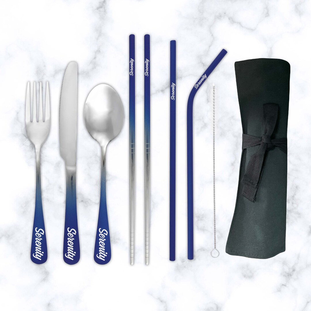 Personalized Navy Blue Ombré Engraved 9-piece Travel Cutlery Flatware ...