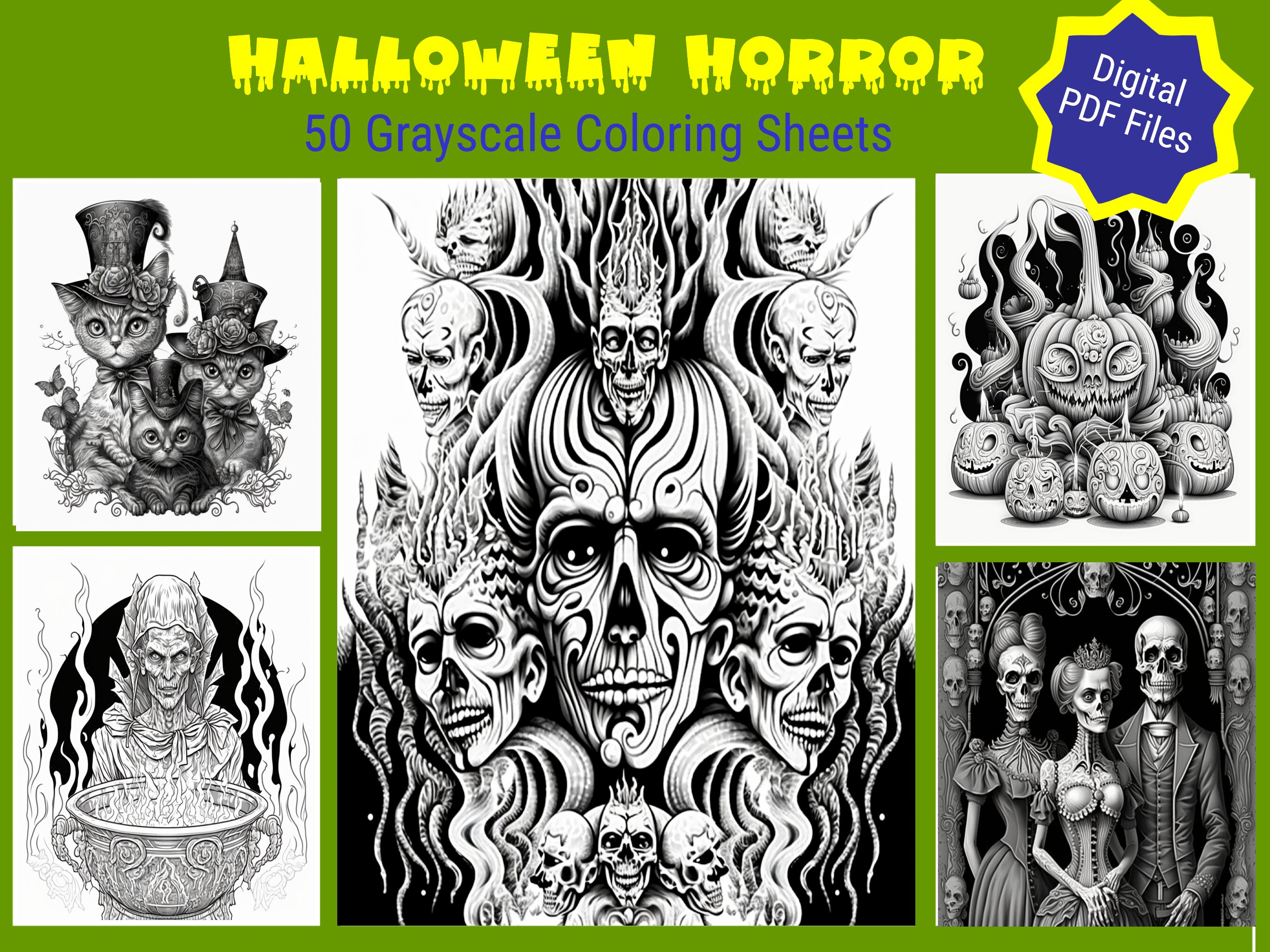 Halloween Horror Adult Coloring Pages, Grayscale Colouring Sheets, Gift ...