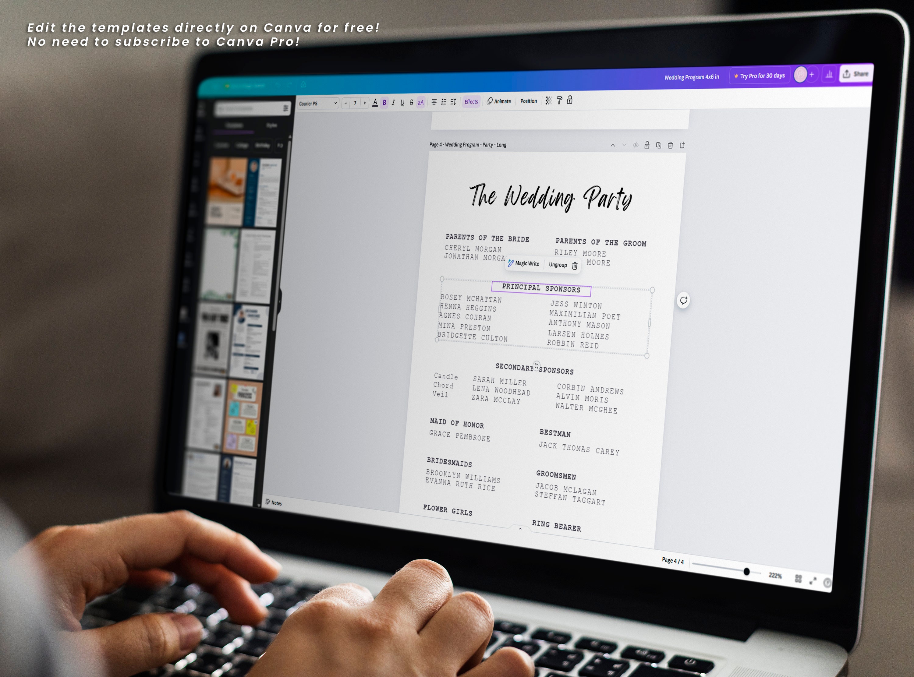 Boho Wedding Program Template, Wedding Party, Entourage, Casual ...