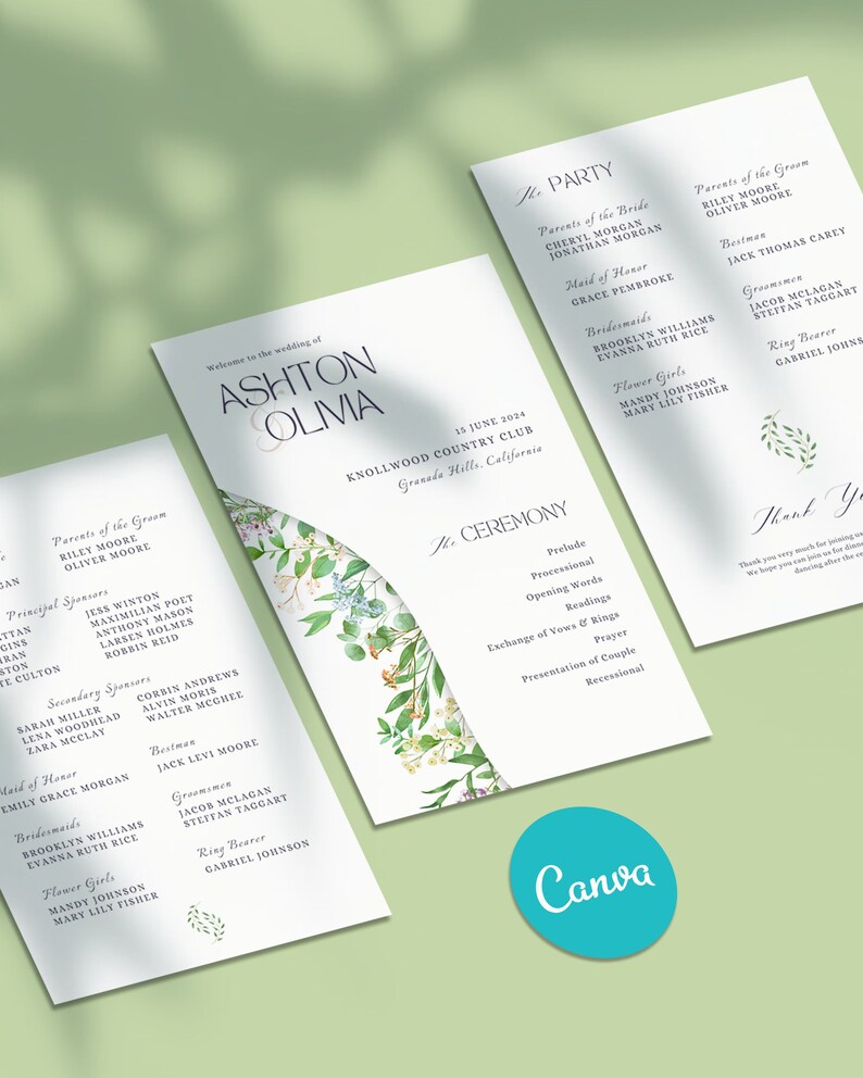 Garden Floral Wedding Program Template, Wedding Party, Entourage, Elegant Printable Template ...