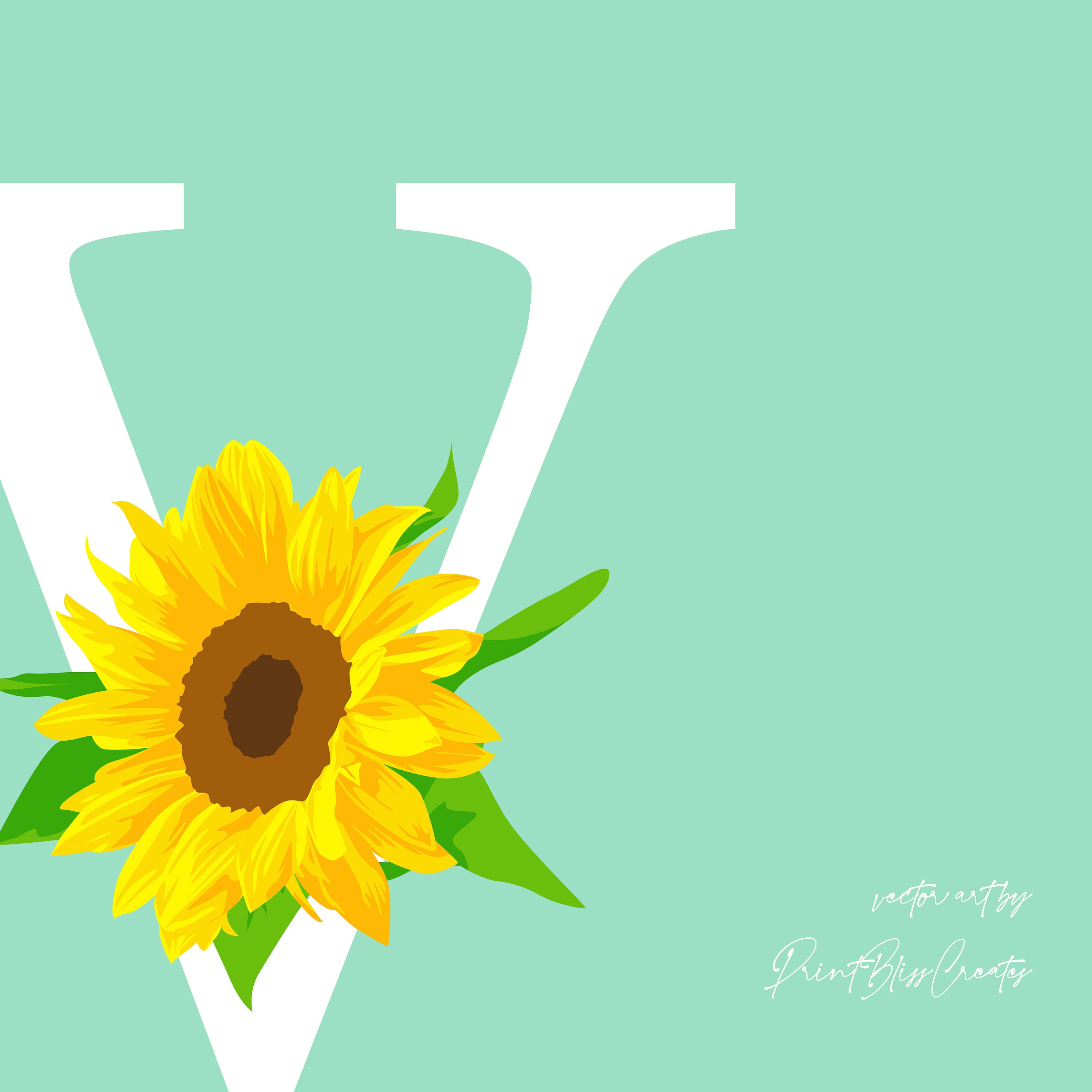 Initial Letter v Sunflower Wall Art, Vector Art, GET ALL 8 SIZES of ...