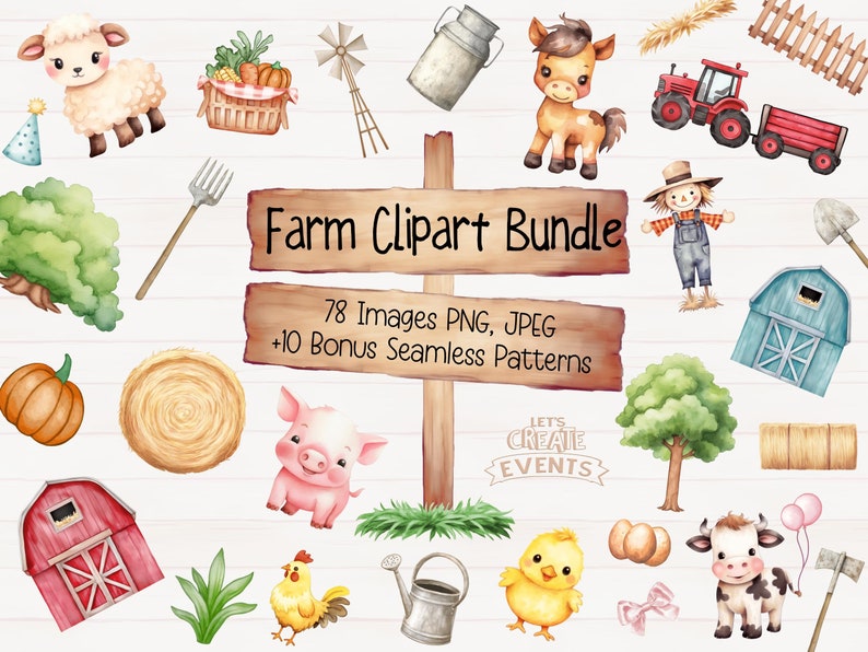 Farm Clipart Bundle, Seamless Backgrounds, Digital Download PNG JPEG ...