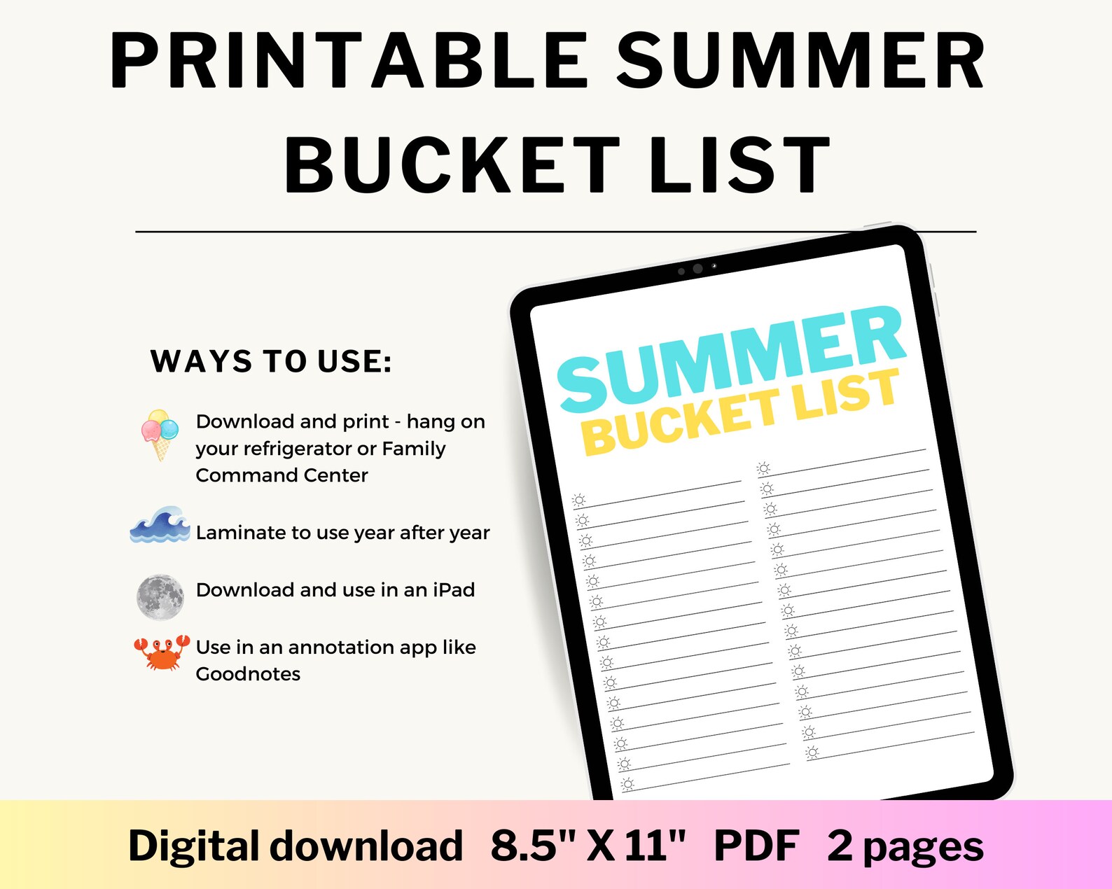 Summer Bucket List | Printable Summer Bucket List | Summer Break ...