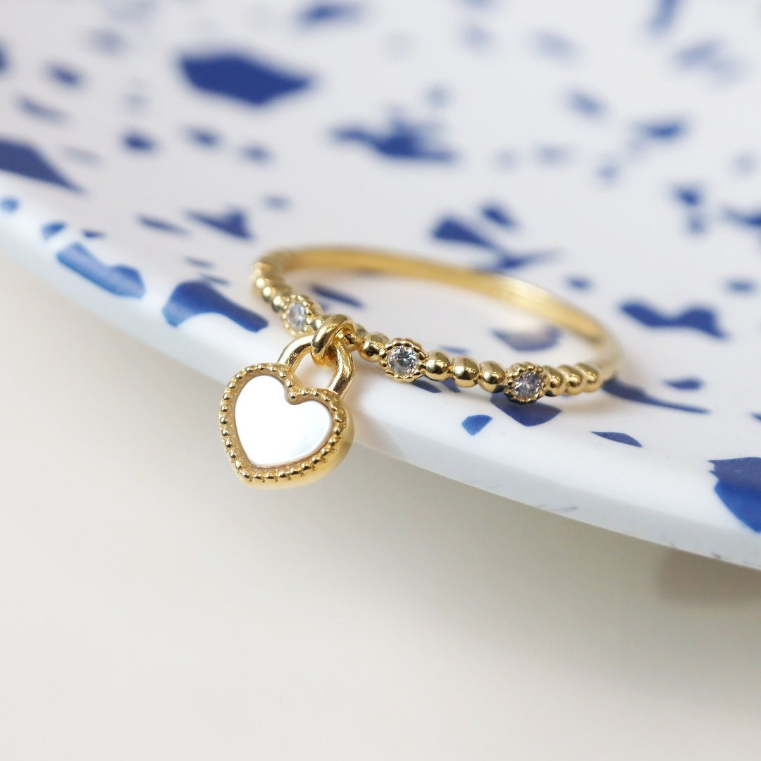 Gold Heart Dangle Ring: Mother of Pearl, Sterling Silver 925 - Etsy