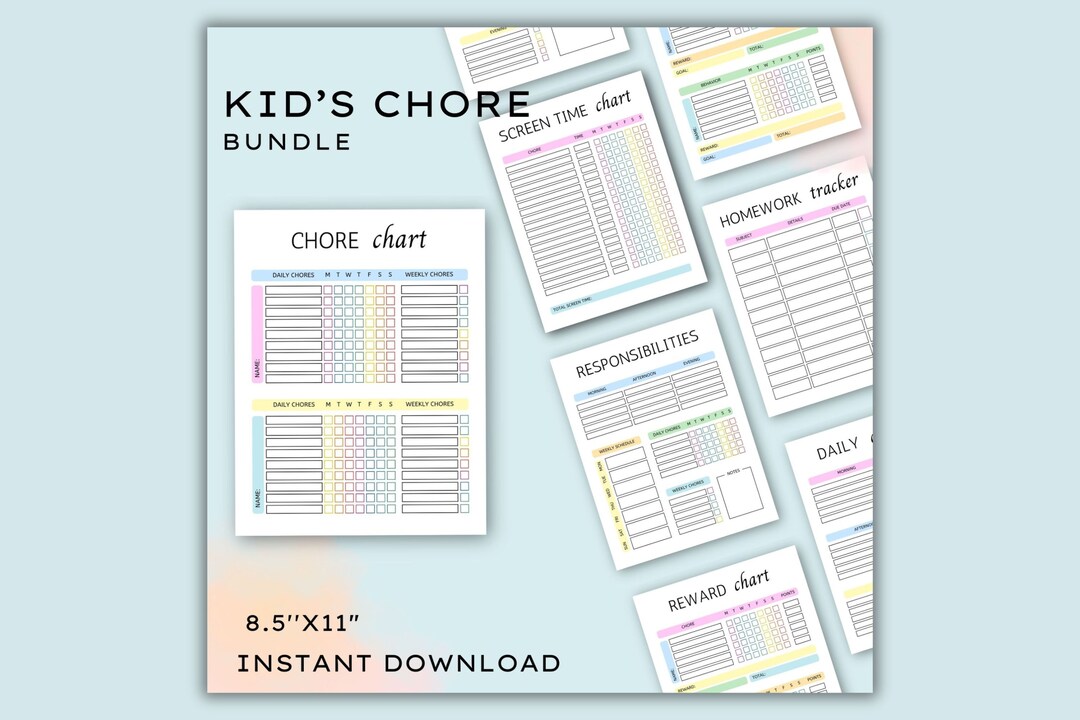 Kid's Chore Bundle Printable | Chore Charts, Reward Charts, Allowance ...