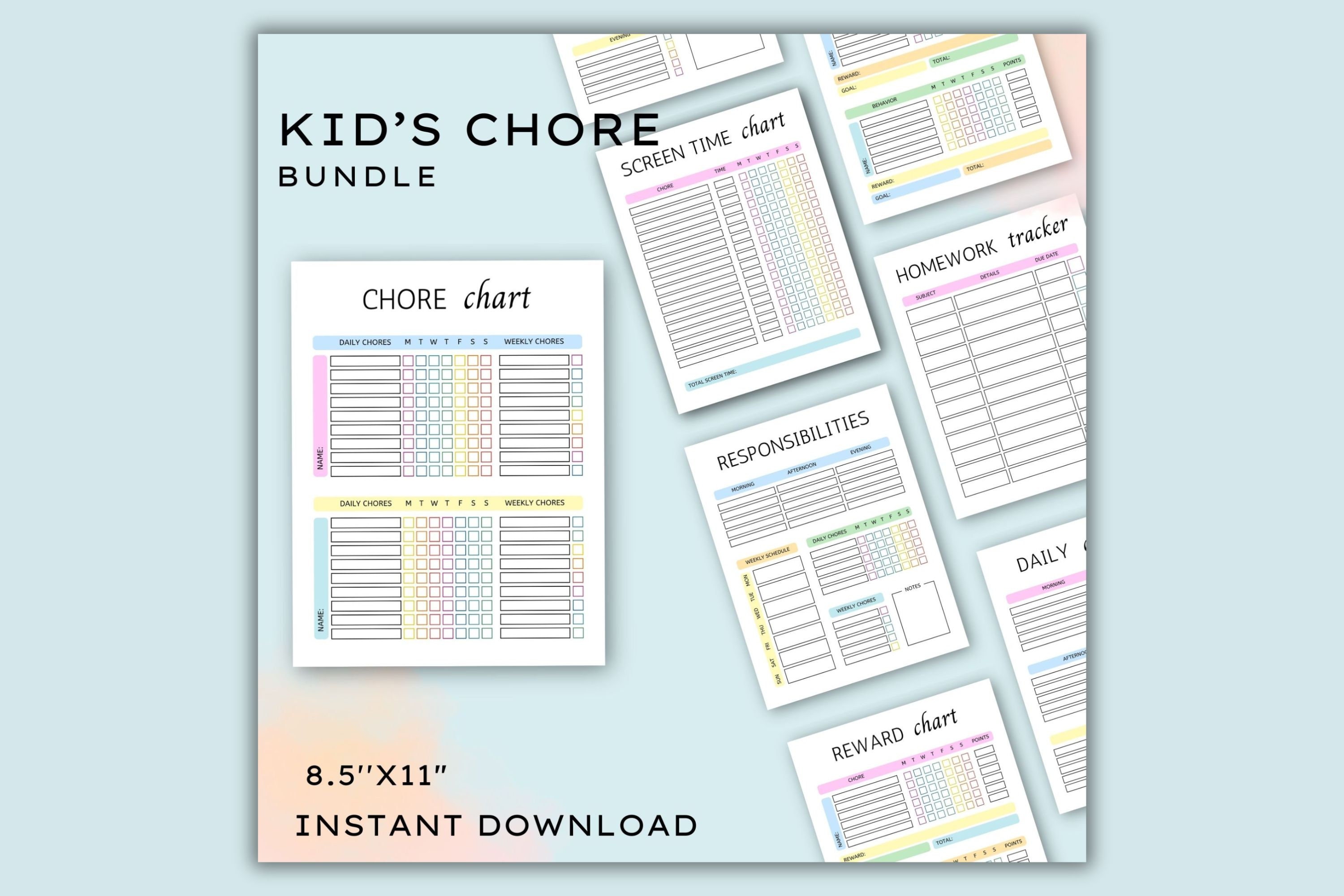 Kid's Chore Bundle Printable | Chore Charts, Reward Charts, Allowance ...