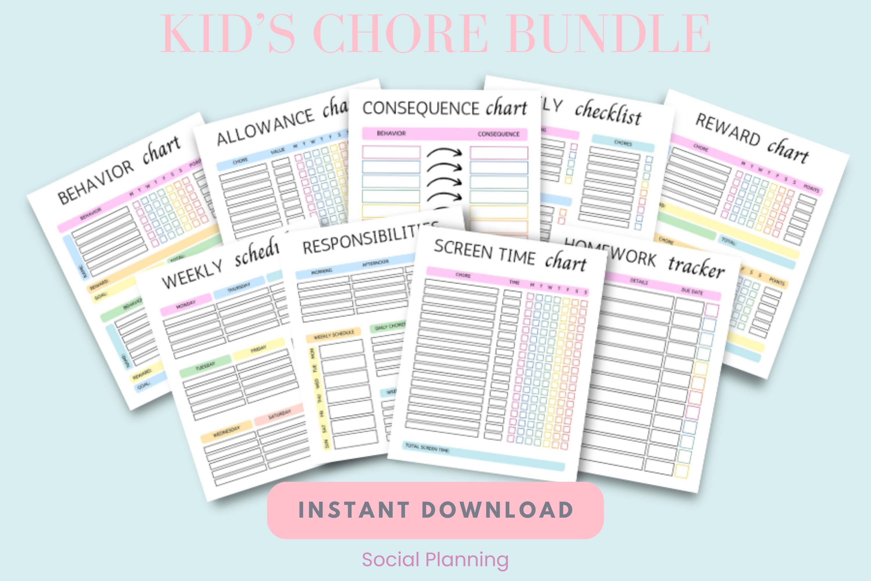Kid's Chore Bundle Printable | Chore Charts, Reward Charts, Allowance ...