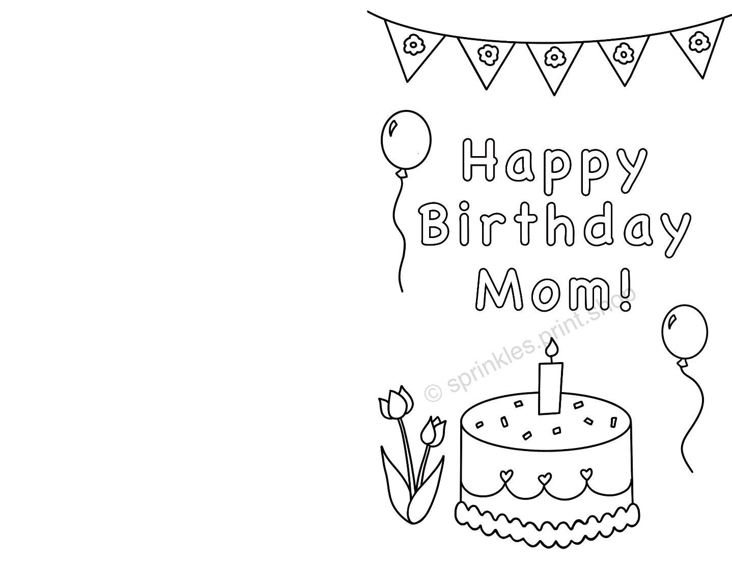 Printable Happy Birthday Coloring Card, Happy Birthday Mom Greeting ...