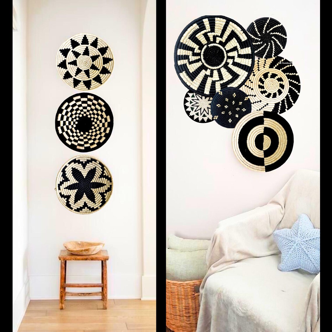 Black and Natural Sabai Handwoven Baskets, Wall Decor for Living Room ...