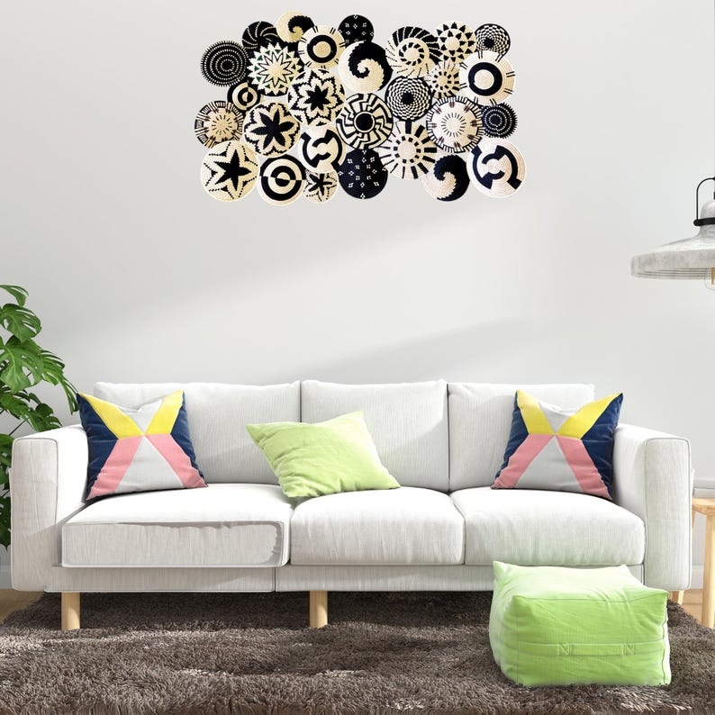 Black and Natural Sabai Handwoven Baskets, Wall Decor for Living Room ...