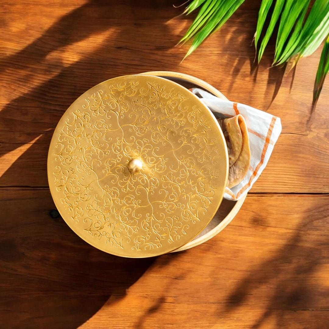 Handcrafted Brass & Mango Wood Chapati Box – Floral Etched Kitchen ...