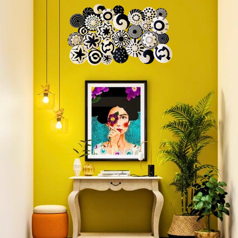Black and Natural Sabai Handwoven Baskets, Wall Decor for Living Room ...