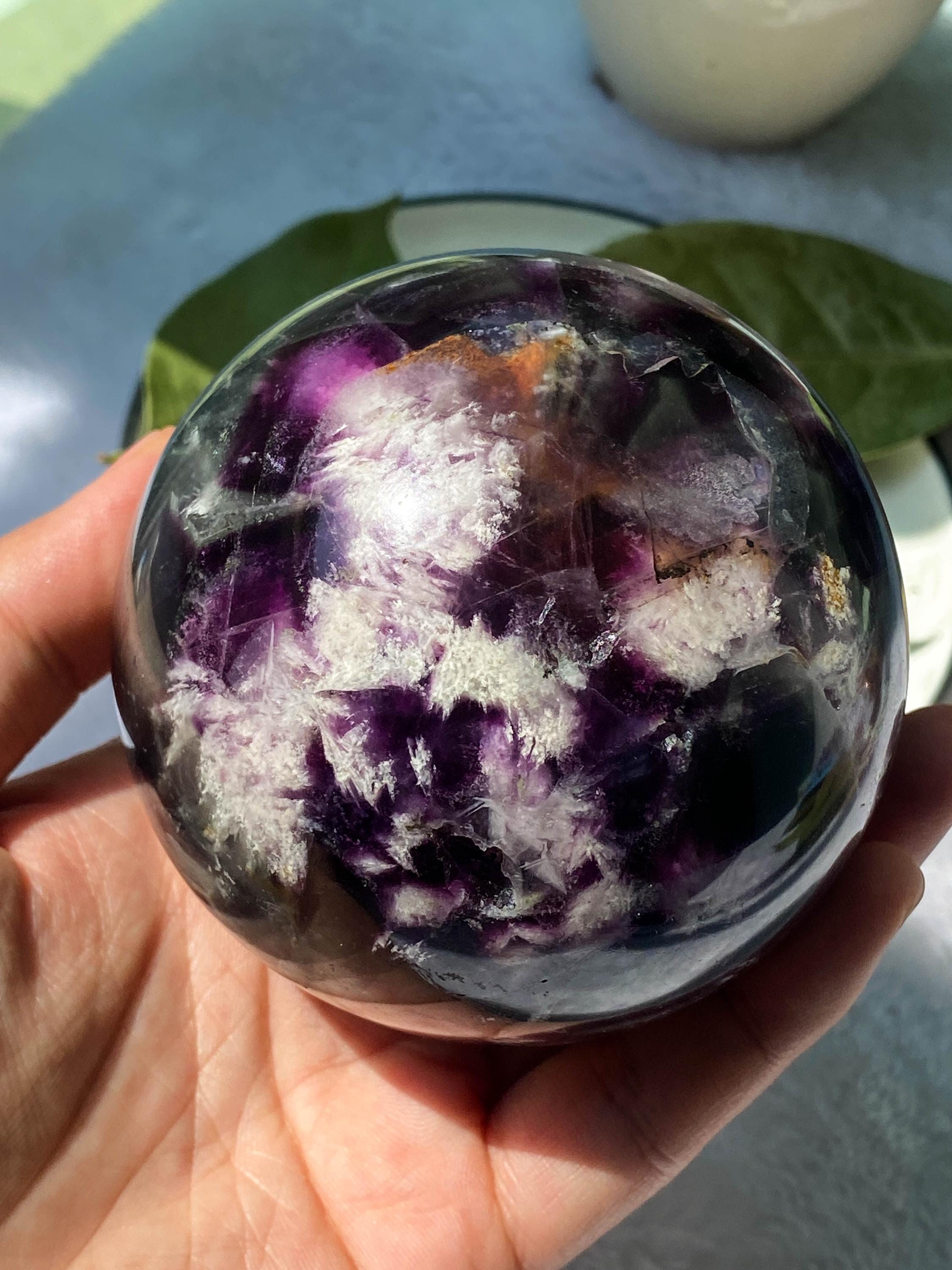 Ok Natural Green With Purple Snowflake Fluorite Sphere , Stunning ...