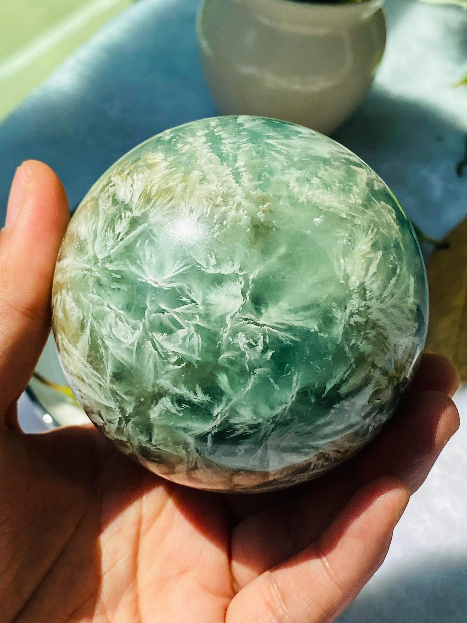 Natural Green Feather Fluorite Sphere, Healing Crystal Ball , Natural ...