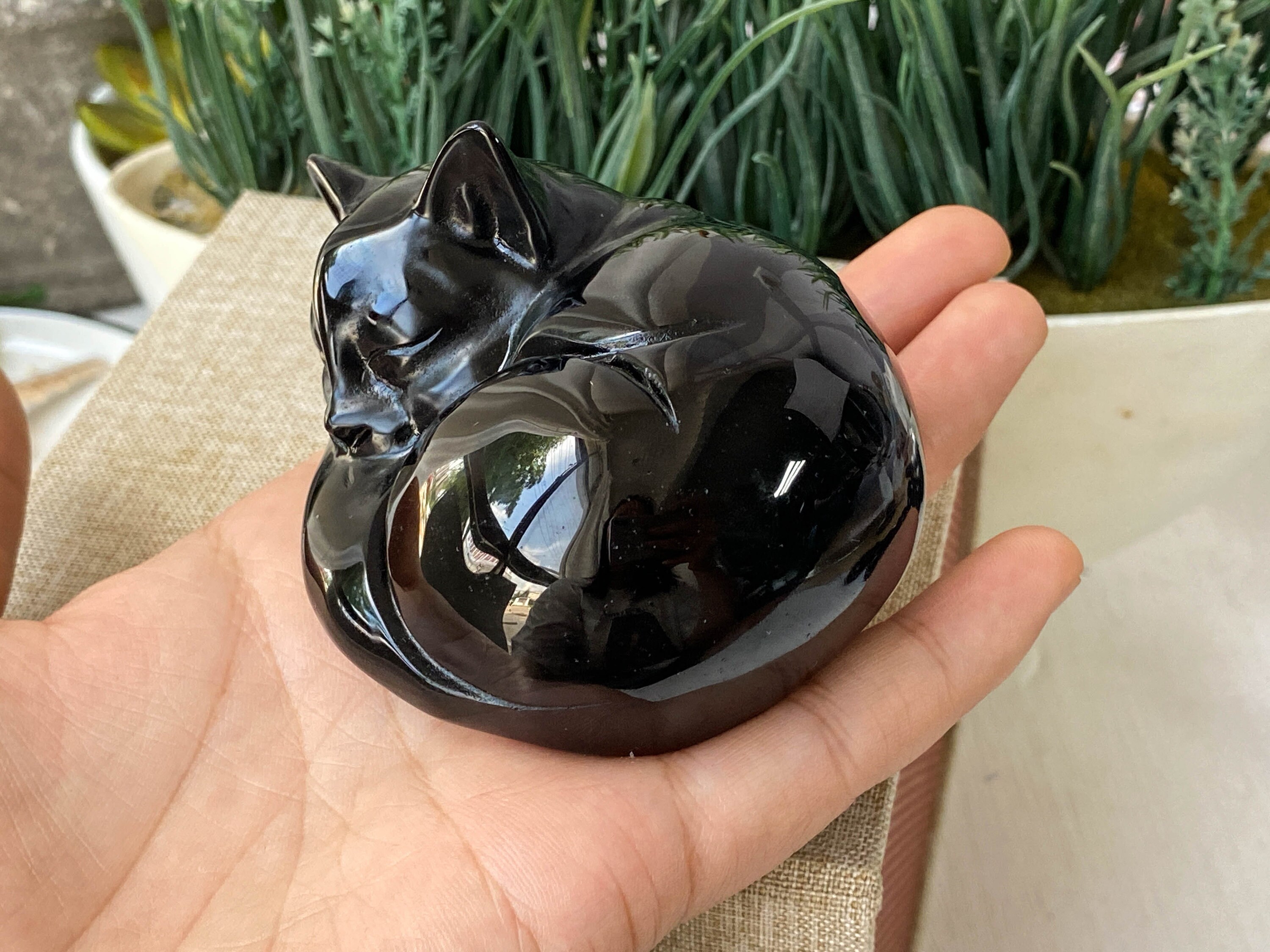 Big Obsidian Sleeping Cat , Crystal Carving Cat , Crystal Animal ...
