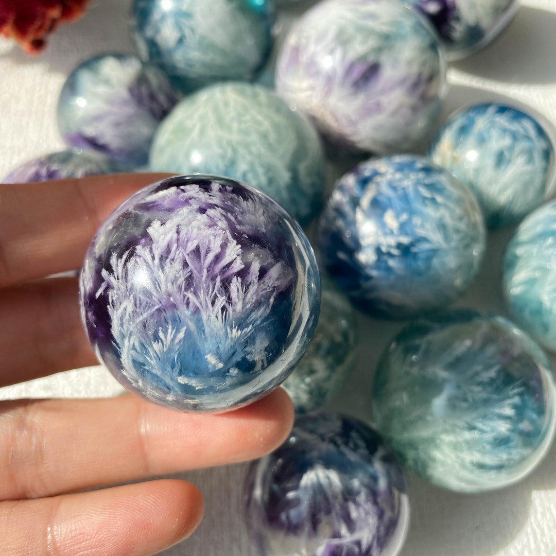 Natural Feather Fluorite Sphere , Snowflake Quartz Crystal Fluorite ...