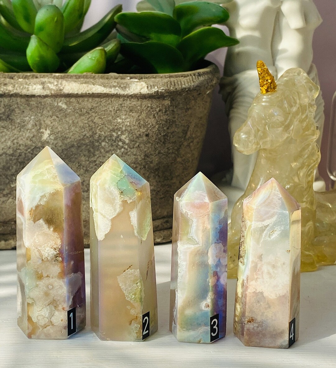 Cute Aura Green Flower Agate Tower , Natural Aura Flower Agate Points ...