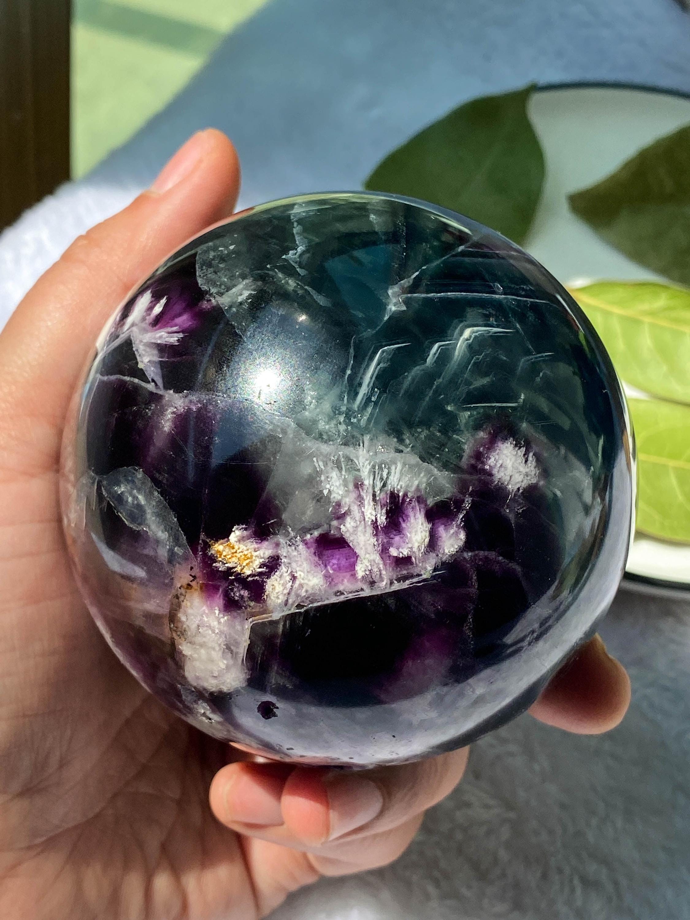 Natural Green With Purple Snowflake Fluorite Sphere , Stunning Natural ...