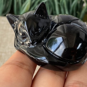 Obsidian Sleeping Cat , Crystal Carving Cat , Crystal Animal , Crystal ...