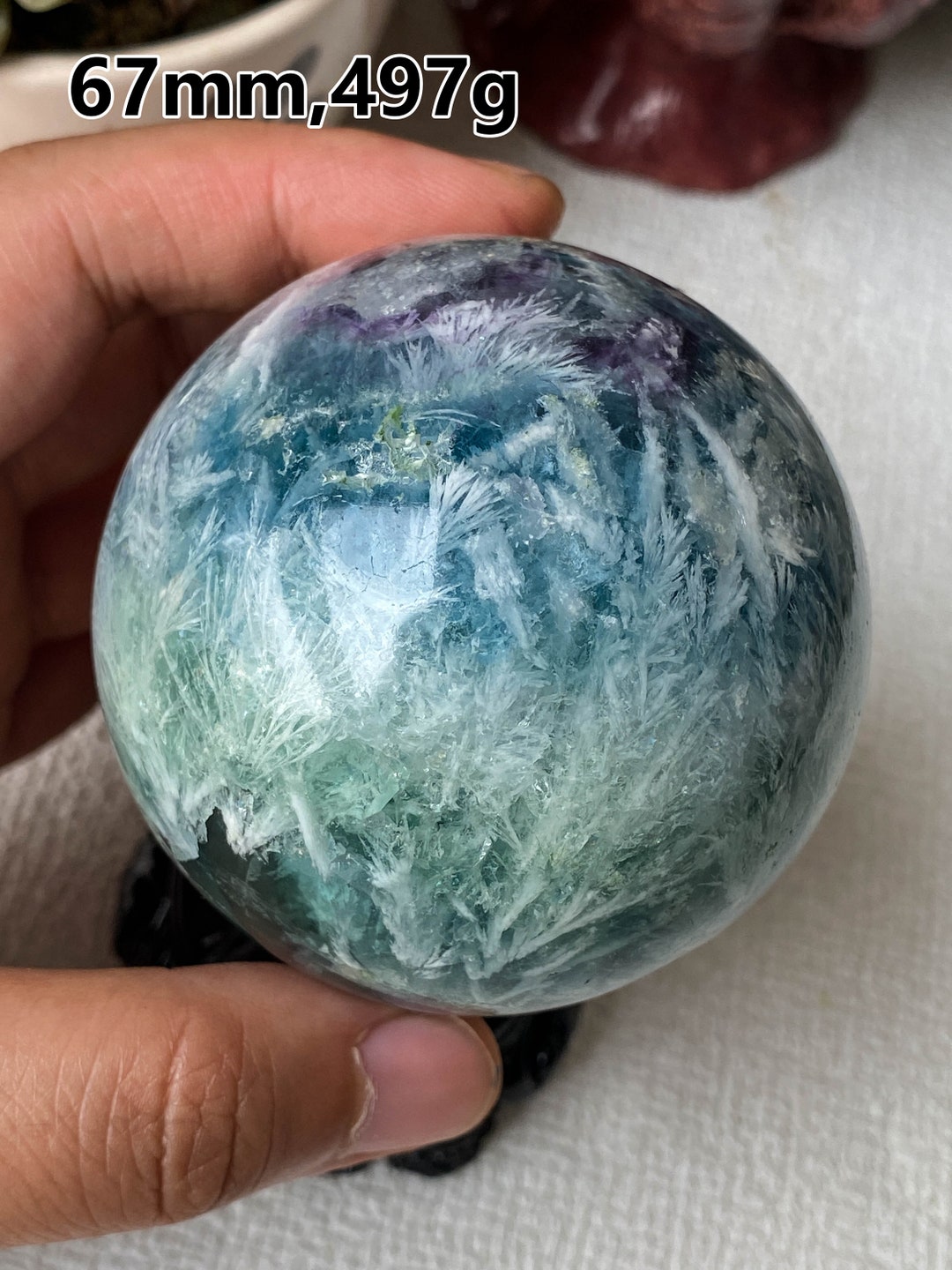 Snowflake Green Fluorite Sphere , Natural Feather Rainbow Fluorite Ball ...