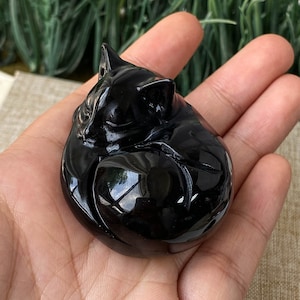 Obsidian Sleeping Cat , Crystal Carving Cat , Crystal Animal , Crystal ...