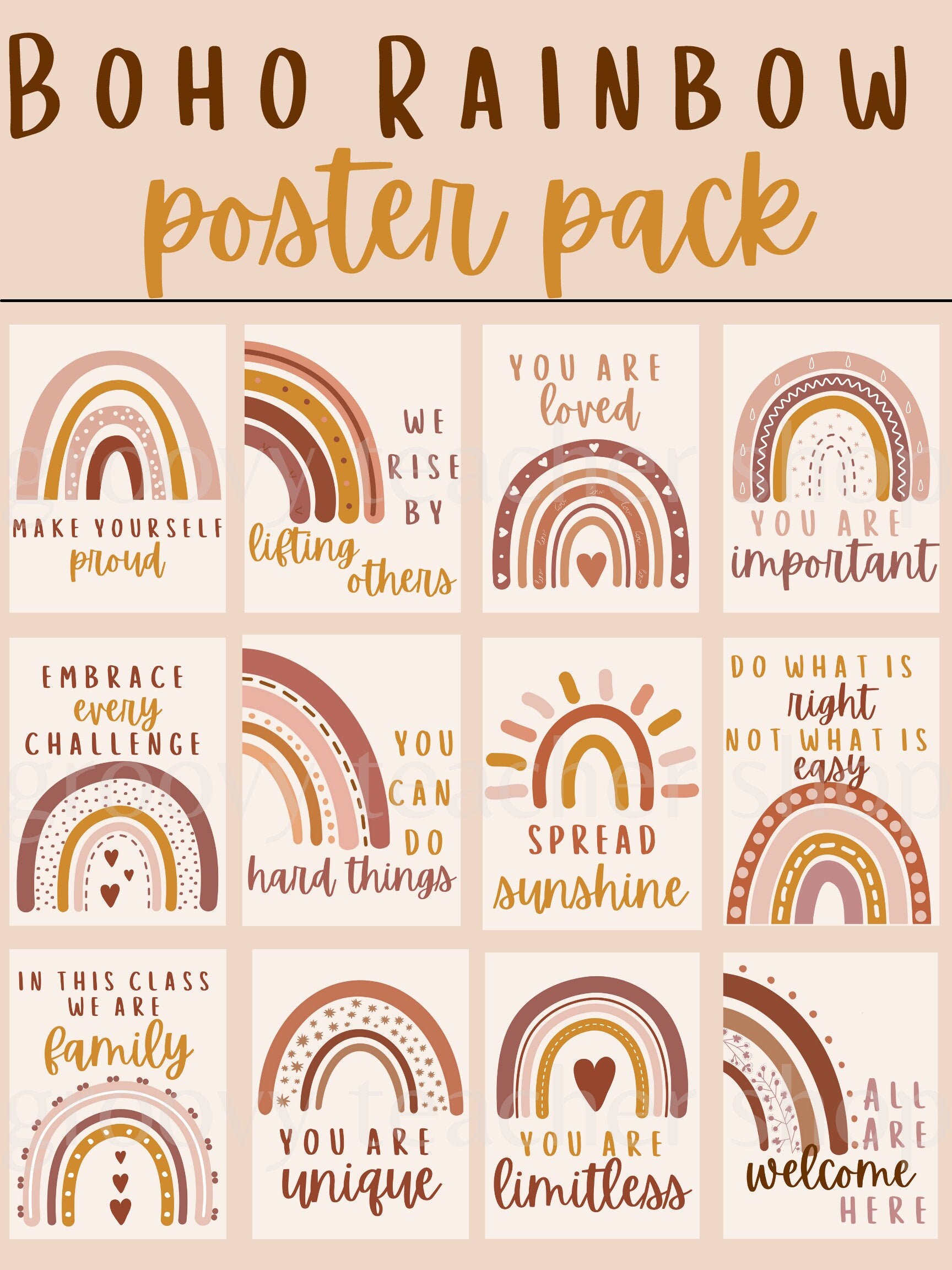 Boho Rainbow Classroom Poster Pack Neutral Classroom Decor Classroom ...
