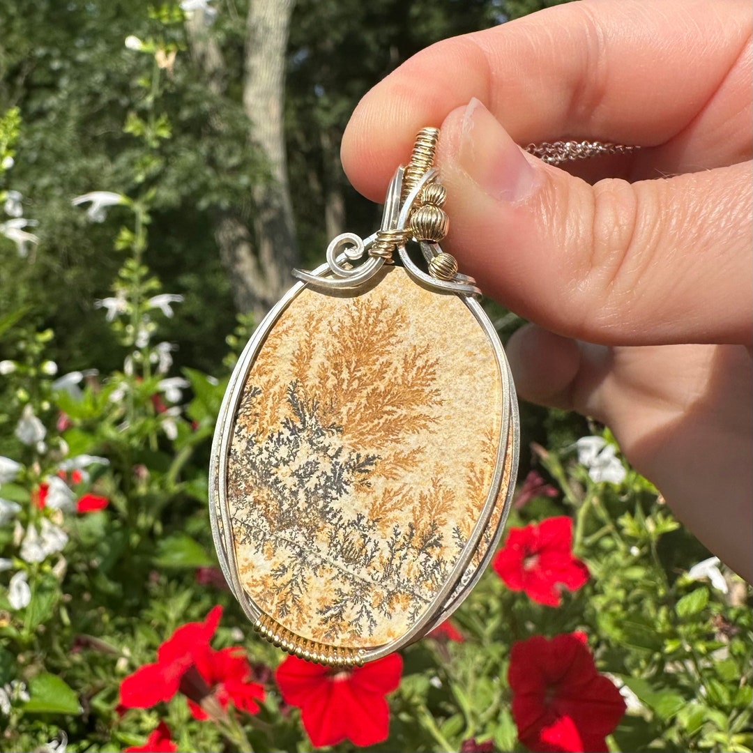 Dendritic picture Limestone Pendant Wrapped in Sterling Silver and 14k ...