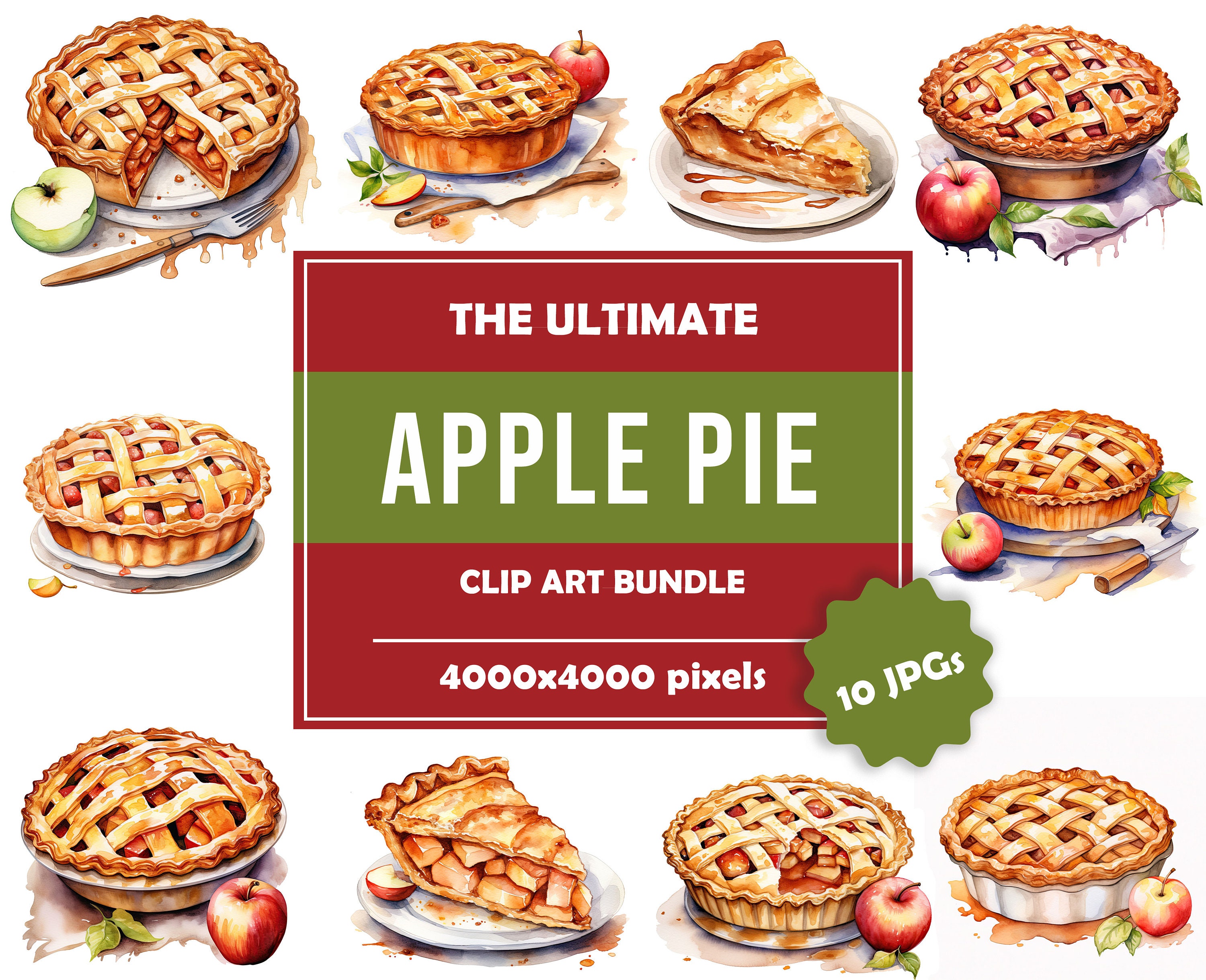 Watercolor Apple Pie Clip Art Bundle, Commercial Use, 10 JPG Clipart ...