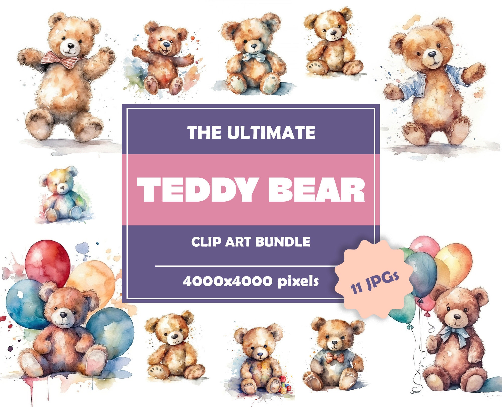 Teddy Bear Watercolor Clip Art Bundle 10 Watercolor Clip Art - Etsy