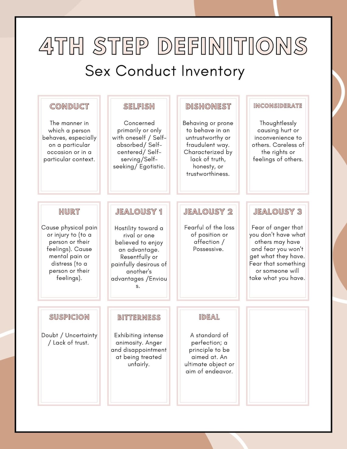 AA Step 4 Definitions Sheet - Sex Conduct Inventory - Etsy