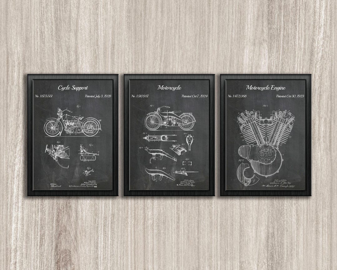 Cruiser Motorcycle Blueprint Art Set of 3 – Chalkboard Patent Prints ...