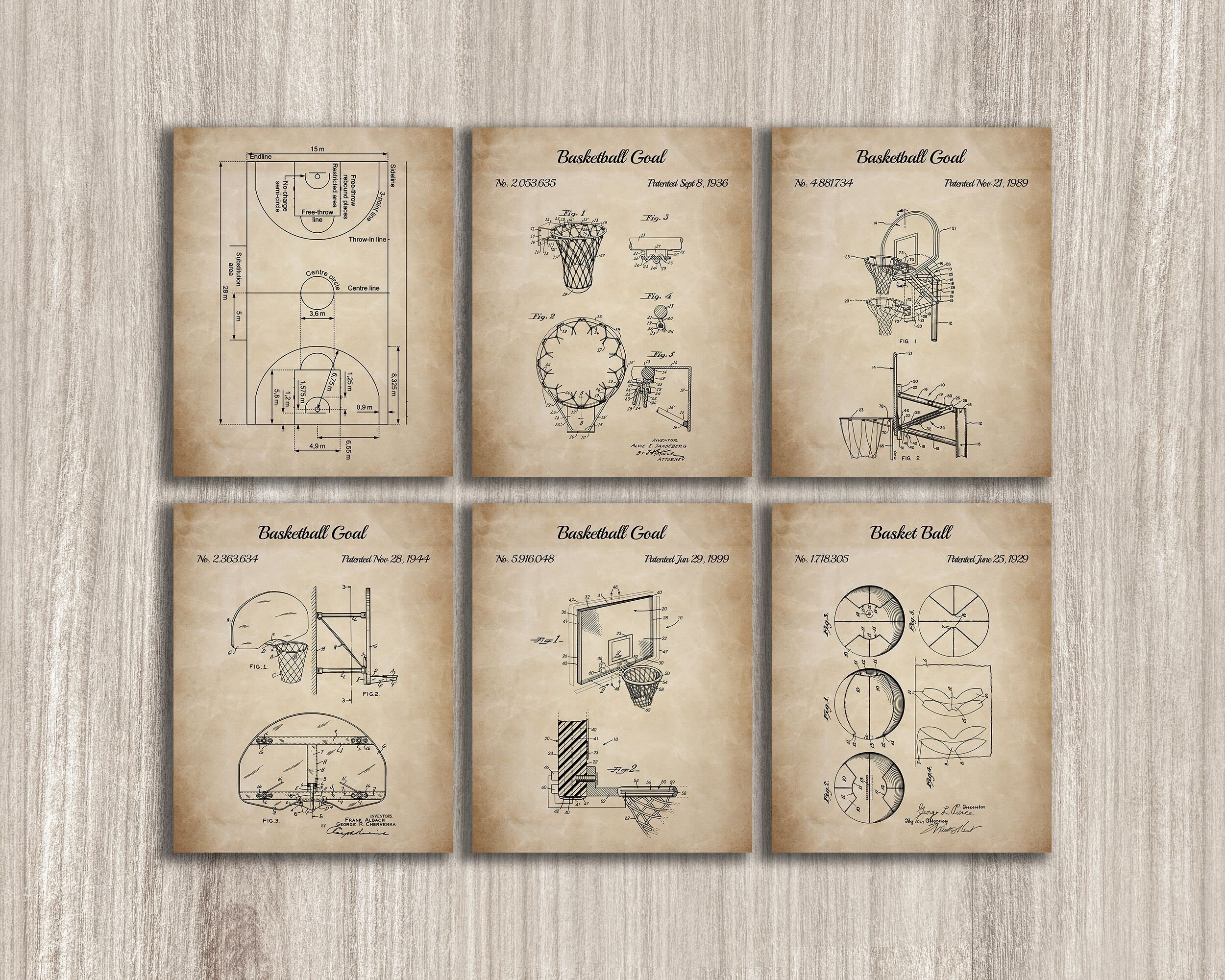 Basketball Posters Set of 6 Patent Prints, Basketball Wall Art, Vintage ...