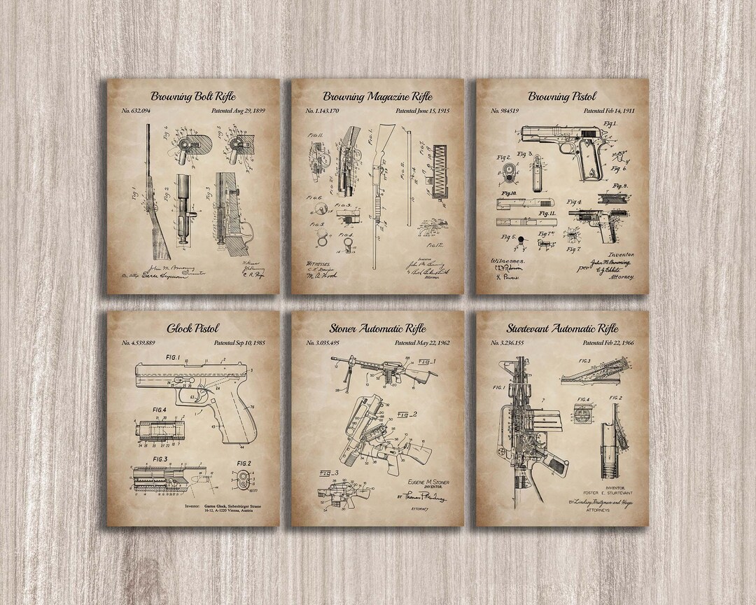 Set of 6 Firearms Patent Posters, Automatic Rifle Gun, Weapons Decor ...