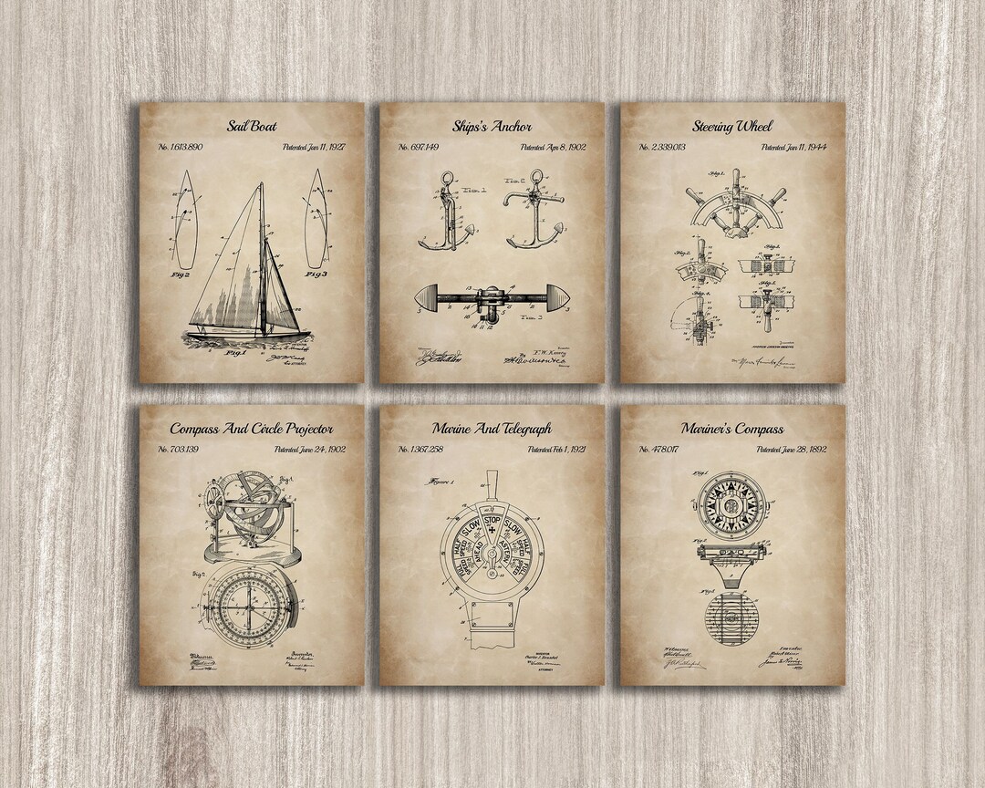 Sailing Set of 6 Patent Prints, Nautical Wall Art, Boat Decor, Marine ...