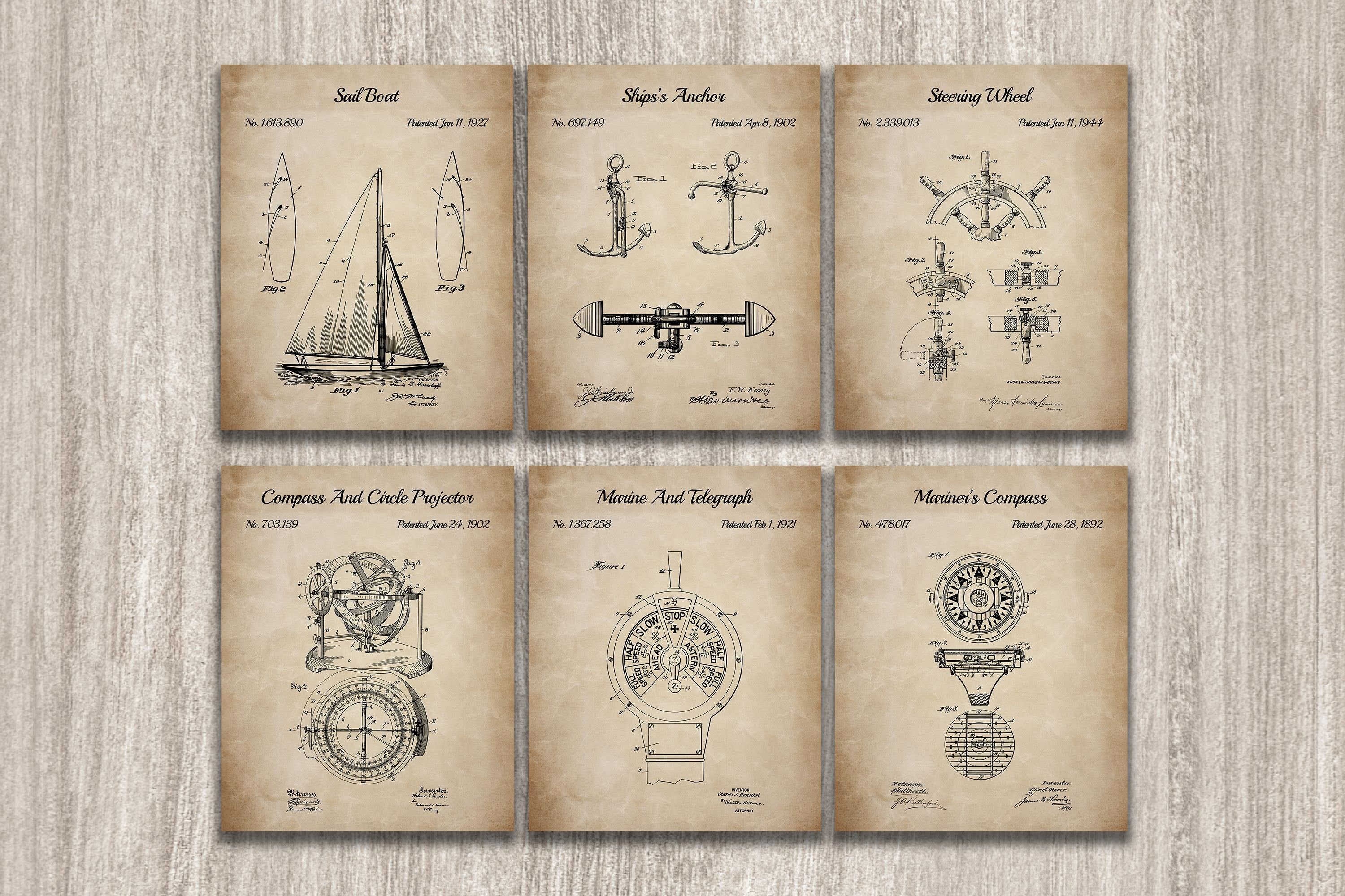 Sailing Set of 6 Patent Prints, Nautical Wall Art, Boat Decor, Marine ...