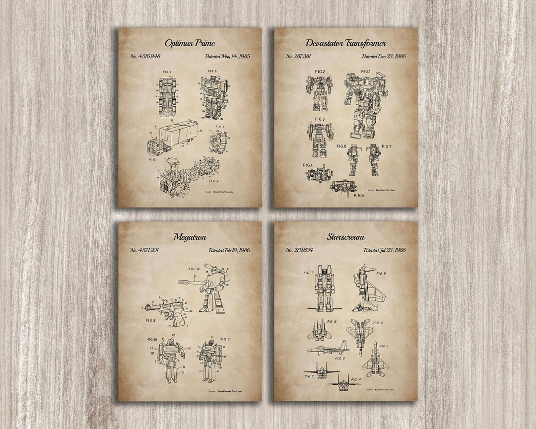 Transformers Patent Prints 4 Set, Optimus Megatron Devastator ...