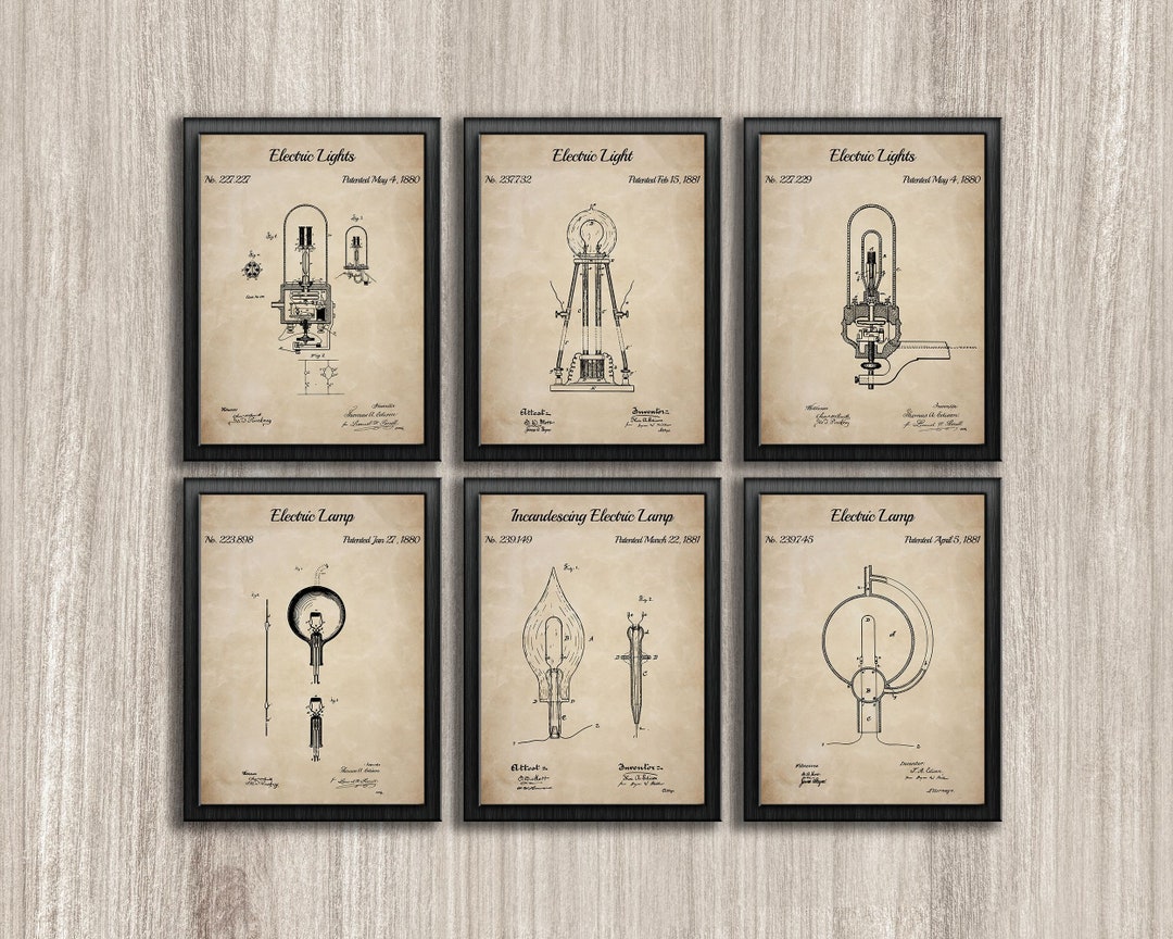 Edison Light Bulb Invention Set of 6 Prints, Industrial Wall Art ...