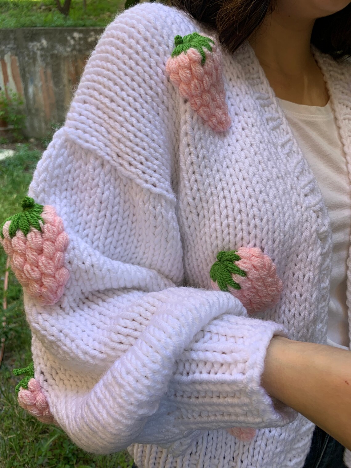 Pink Strawberry Cardigan For Woman White Chunky Soft And | Etsy
