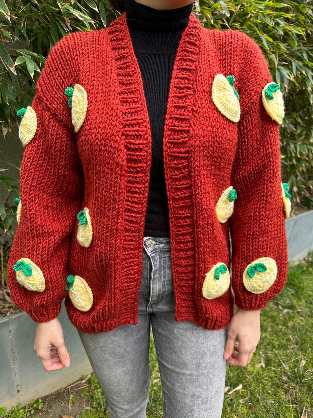 Handmade Lemon Cardigan | Chunky Handknit Cardigan | Brick Red Cardigan ...
