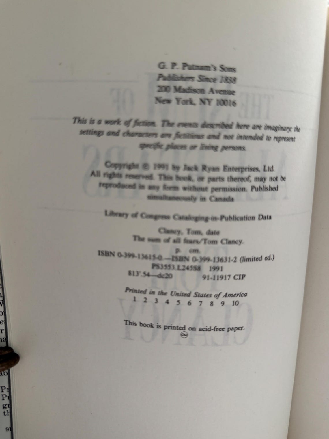 Tom Clancy - the Sum of All Fears - First Printing 1991- G.P. Putnam ...