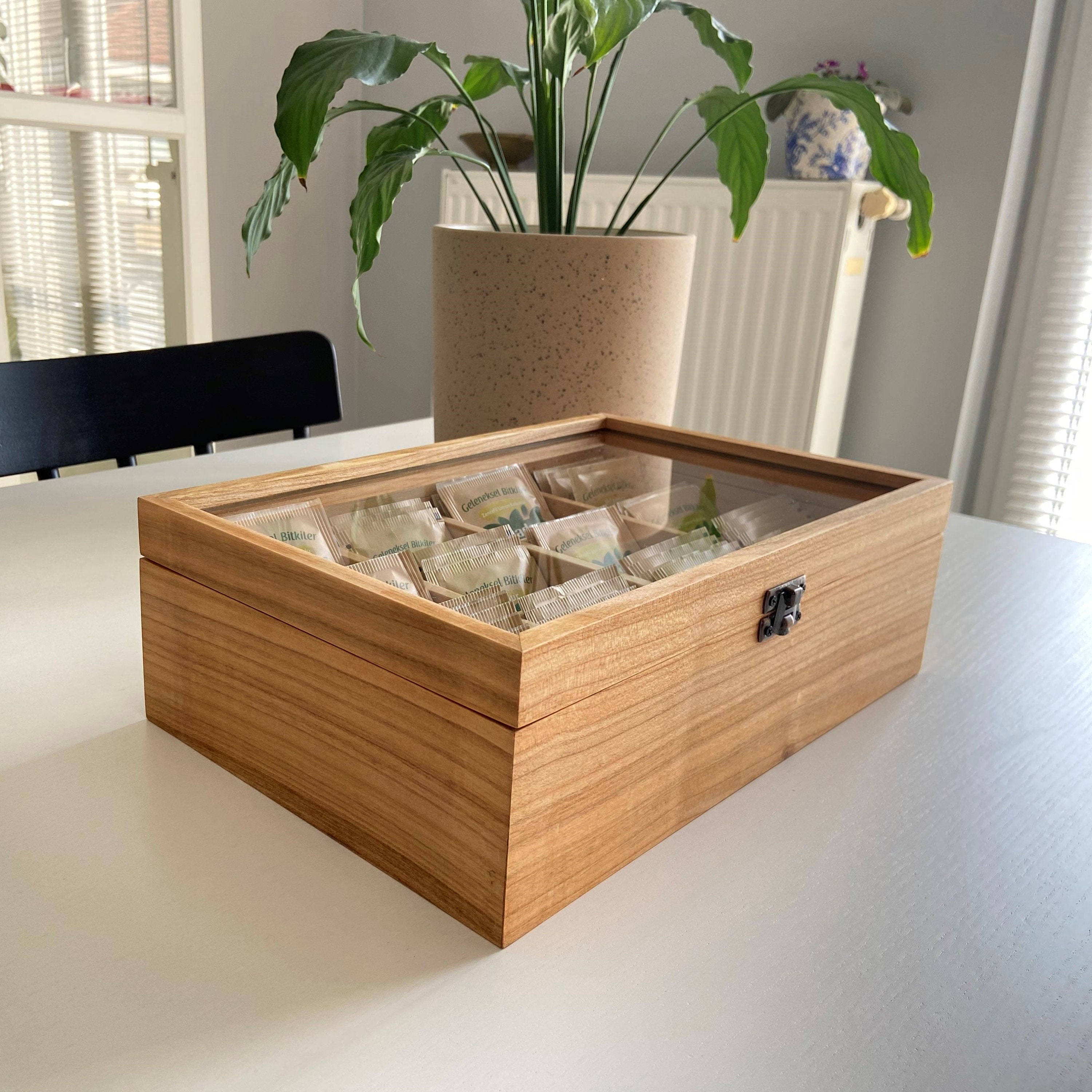 Cherry Wood Tea Box With Glass Top - 12 Compartment Tea Organizer - Etsy