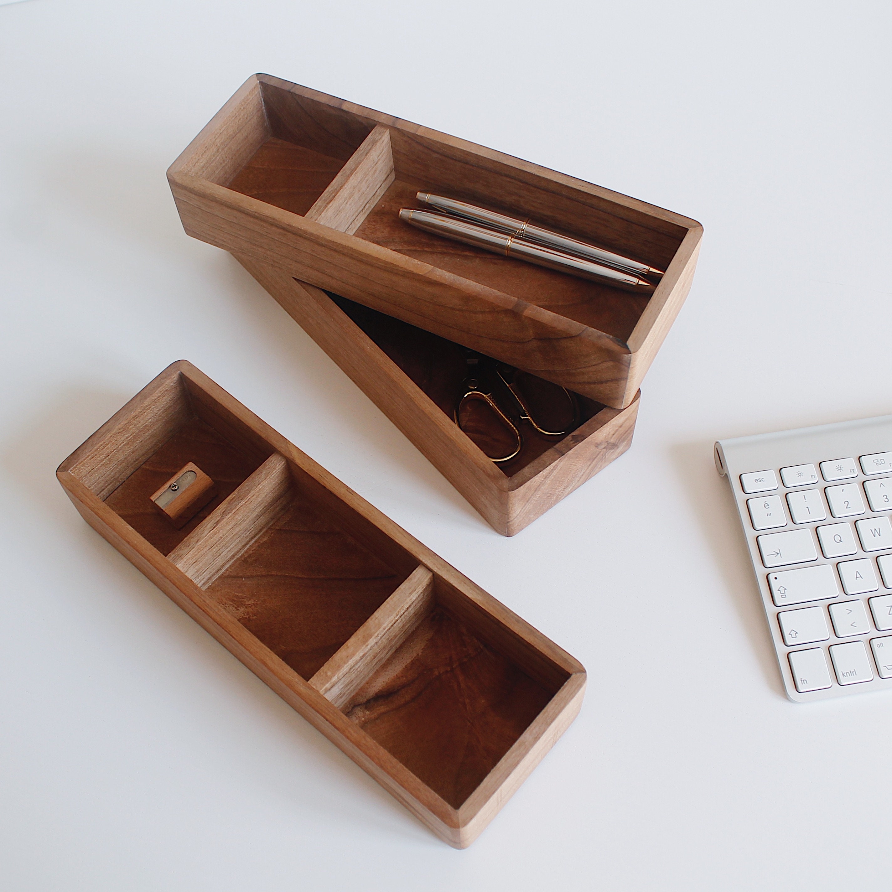 Walnut Wooden Organizer Box Set: Stackable Desk Storage - Etsy