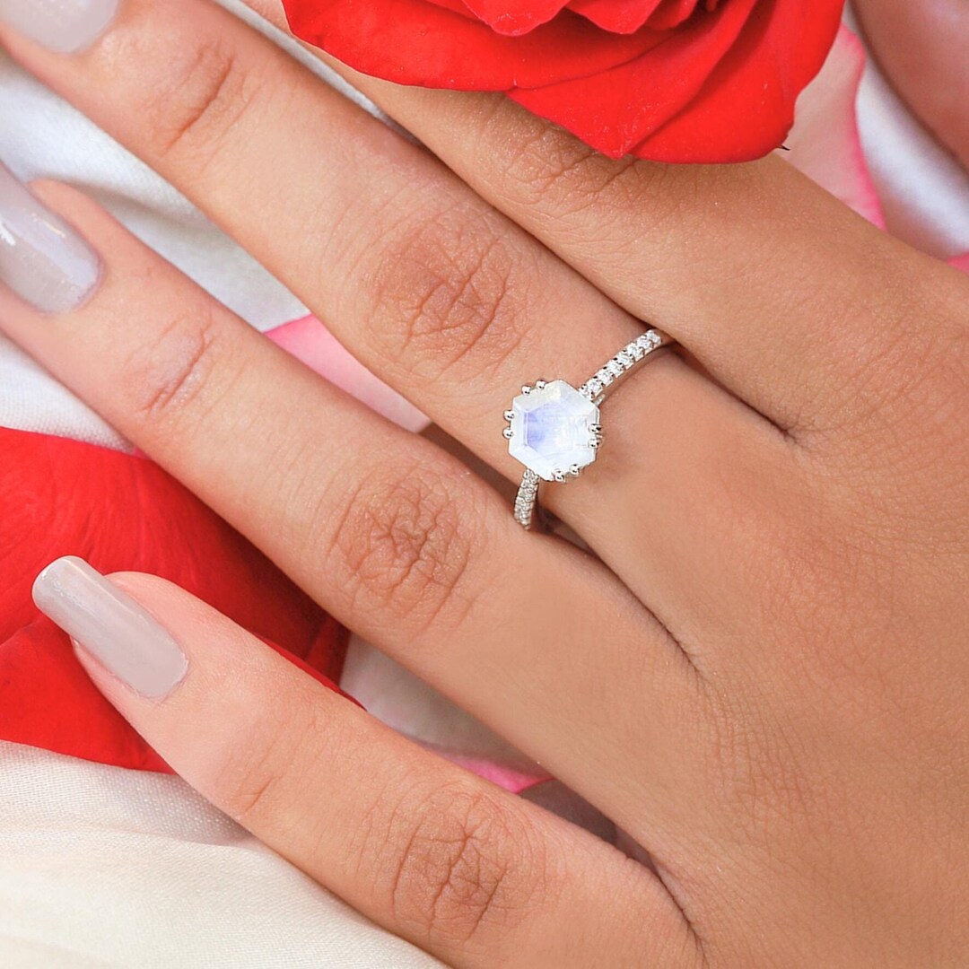 Unique Moonstone Engagement Ring, Natural Hexagon Cloudy Moonstone Ring ...