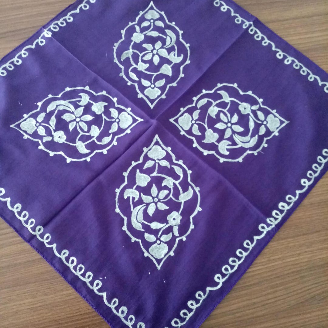 Purple Cotton Bandana, Silver Pattern Headband, 21x21 Boho Scarf, Gift ...