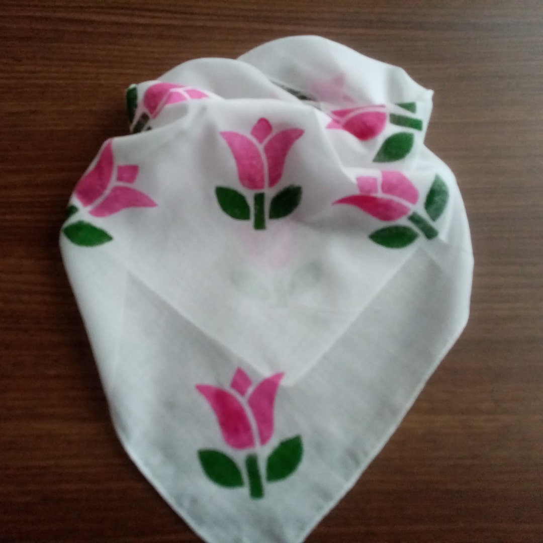 Tulip Flower Bandana, Boho Neck Scarf, Pink Floral Bandana, Block Print ...