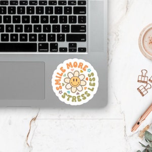 Smile More Stress Less Sticker ~ Waterproof ~ Inspirational Quote ...