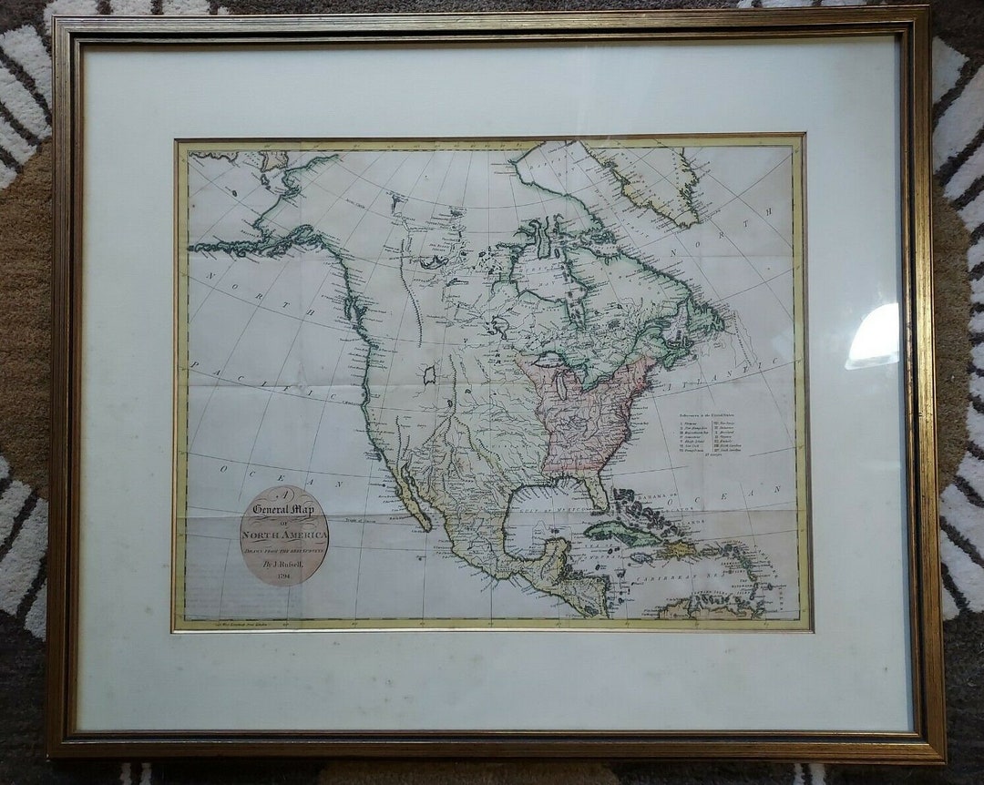 Map of North America by J. RUSSELL 1794 in Color - Etsy