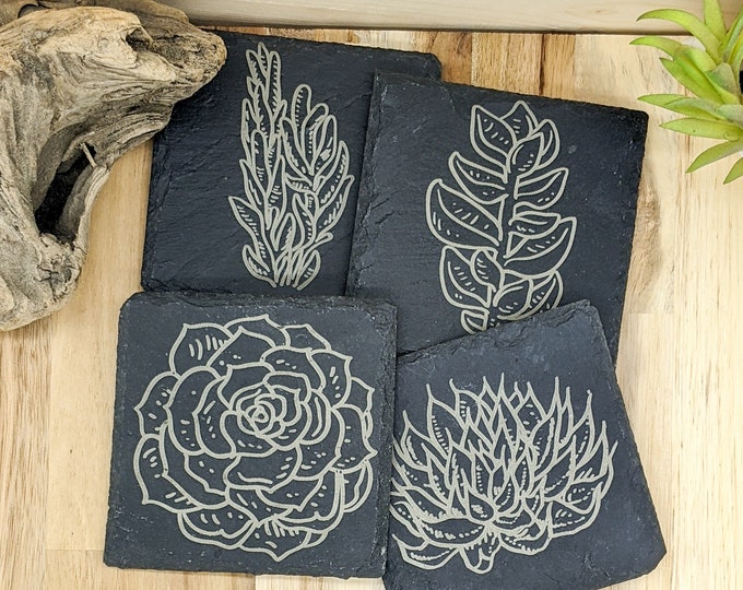 Slate Coasters, Succulent Art, Gift for Plant Lover, Set of 4 Coasters ...