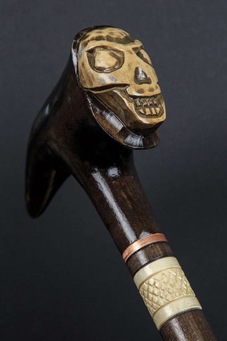 Skull Design Hand Carved Wooden Walking Cane | Gothic Linden Wood Stick ...