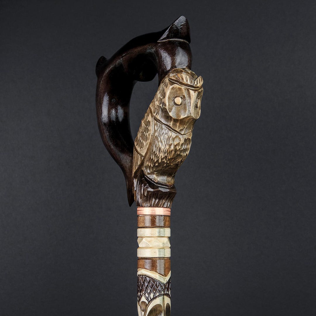 Hand Carved Wooden Walking Stick With Owl Design – Stylish Walking Cane ...
